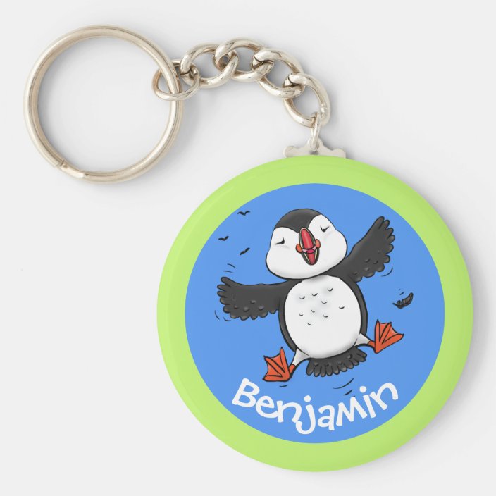 Cute happy flying puffin cartoon illustration keychain | Zazzle.com
