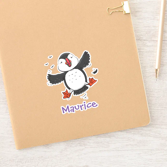 Cute happy flying puffin cartoon illustration sticker | Zazzle