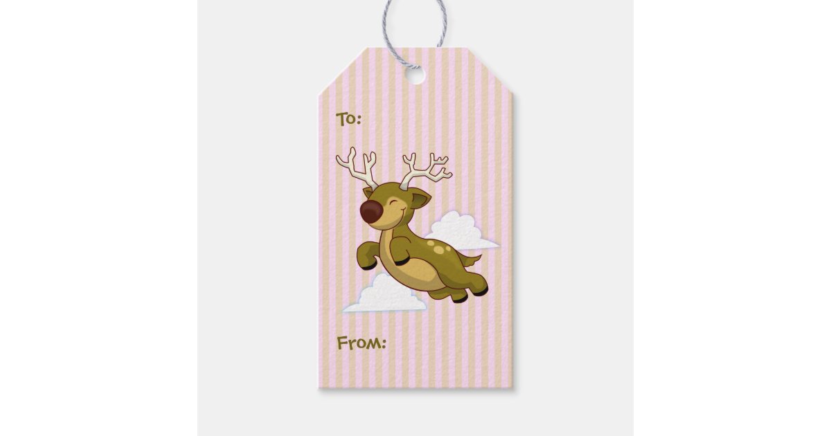 Cute Happy Flying Rudolph Reindeer Pink Stripes Gift Tags | Zazzle