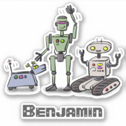 Cute happy funny robot trio cartoon illustration sticker | Zazzle