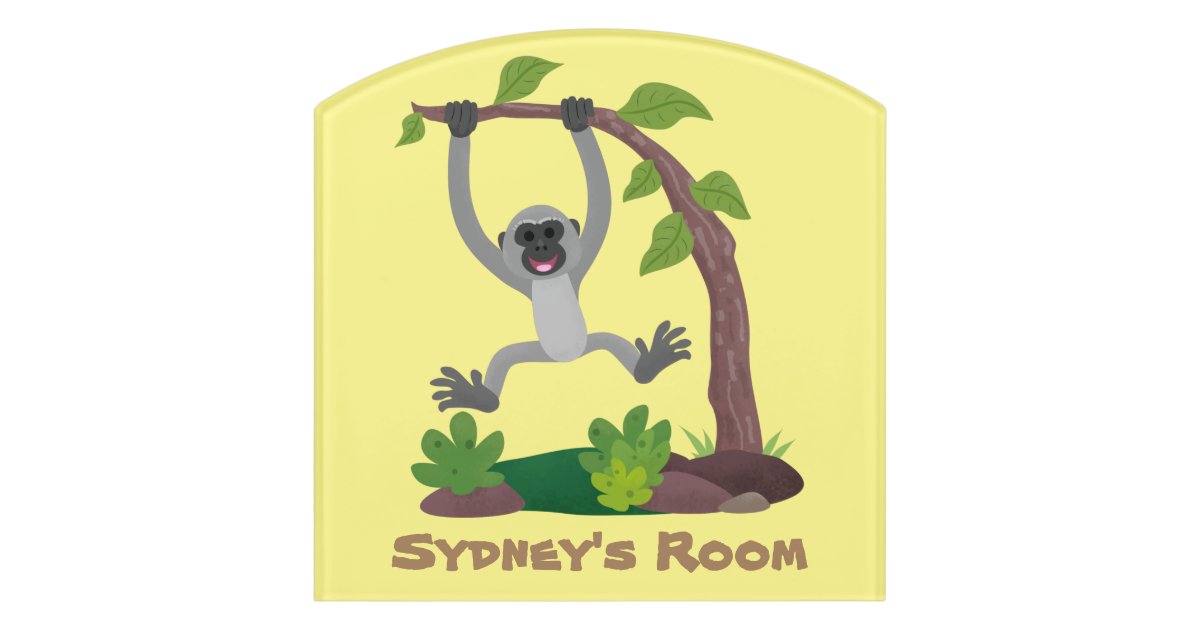 Cute happy gibbon ape cartoon illustration door sign | Zazzle