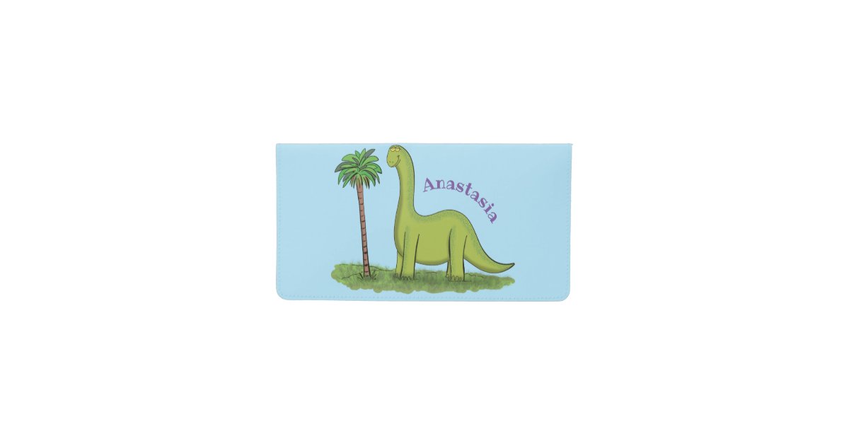 Cute happy green brontosaurus dinosaur cartoon checkbook cover | Zazzle