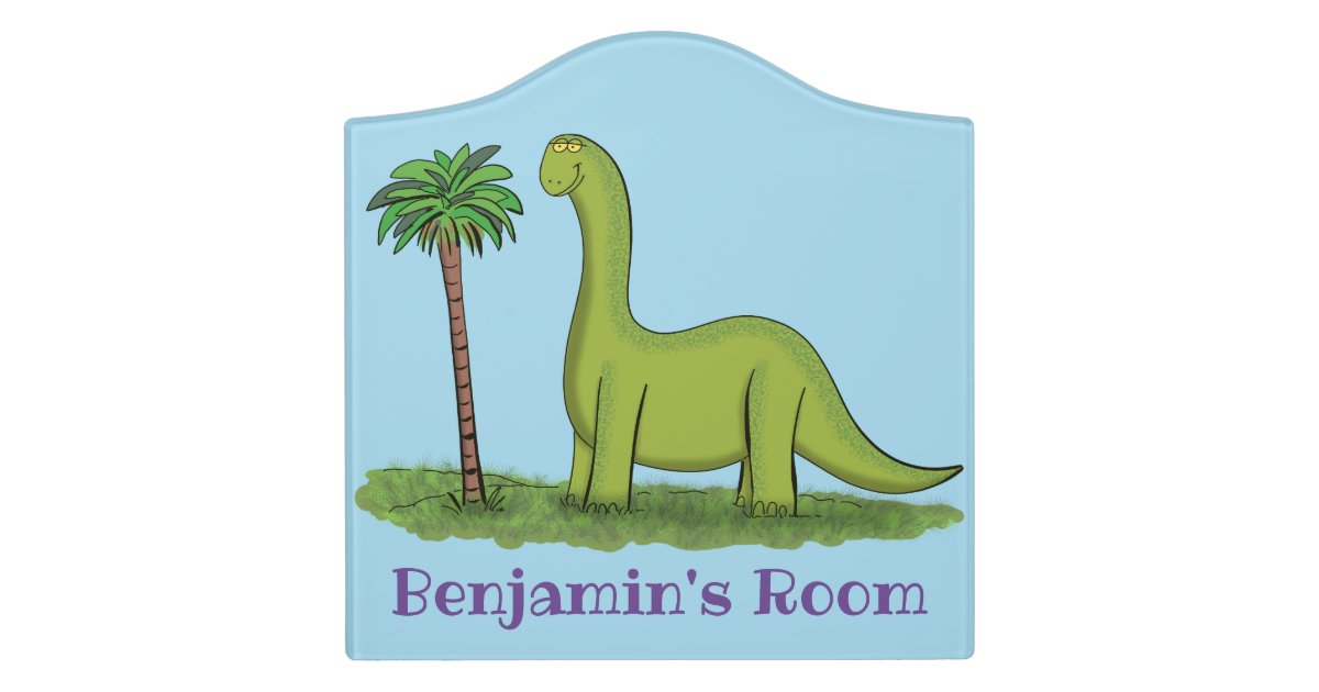 Cute happy green brontosaurus dinosaur cartoon door sign | Zazzle
