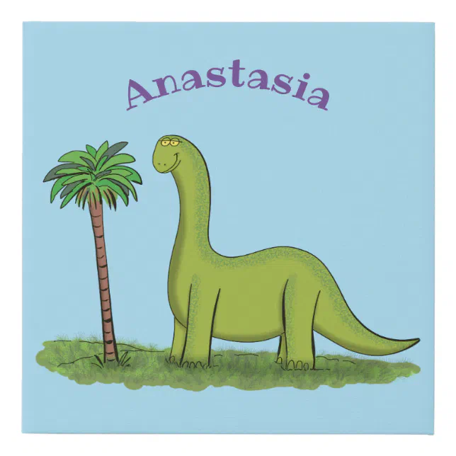 Cute happy green brontosaurus dinosaur cartoon faux canvas print | Zazzle