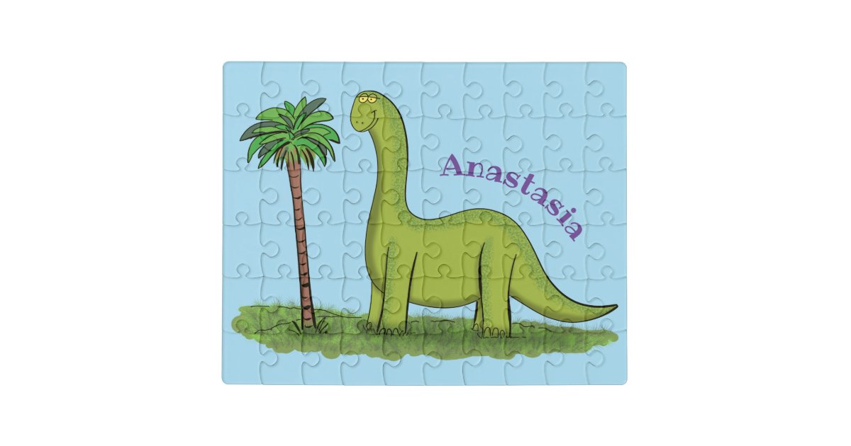 Cute happy green brontosaurus dinosaur cartoon jigsaw puzzle | Zazzle