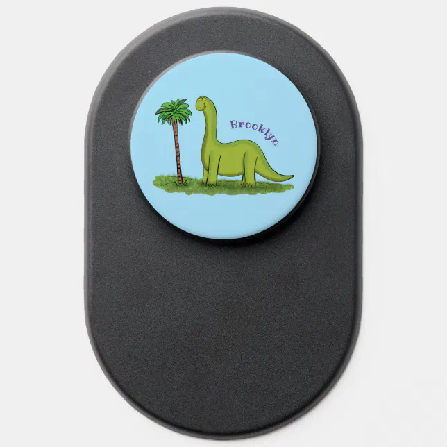 Cute happy green brontosaurus dinosaur cartoon PopSocket | Zazzle