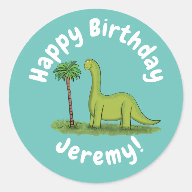 Cute happy green brontosaurus dinosaur classic round sticker | Zazzle