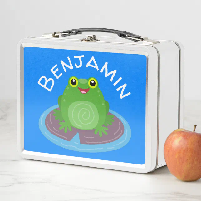 Cute happy green frog cartoon illustration metal lunch box | Zazzle