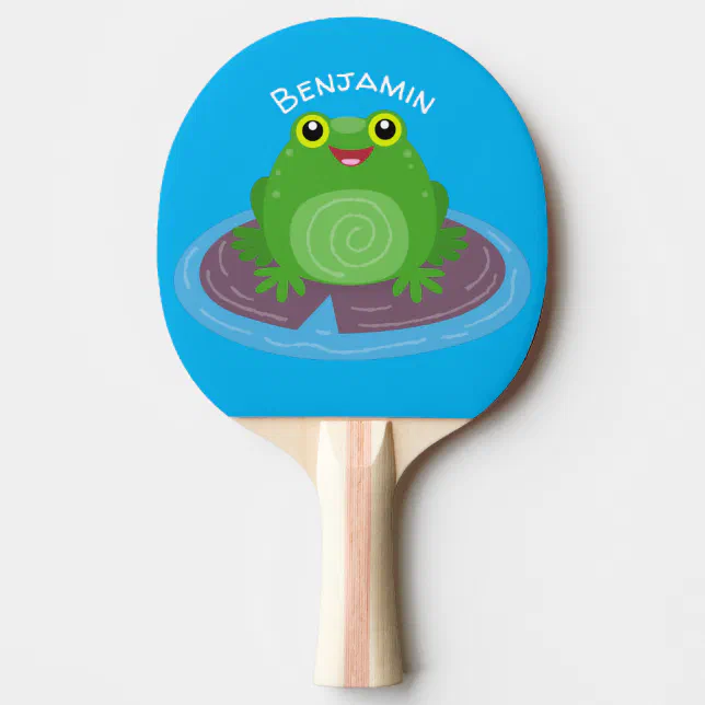 Cute happy green frog cartoon illustration ping pong paddle | Zazzle