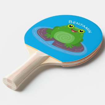 Cute happy green frog cartoon illustration ping pong paddle | Zazzle