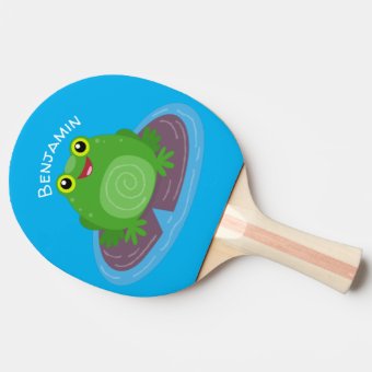 Cute happy green frog cartoon illustration ping pong paddle | Zazzle