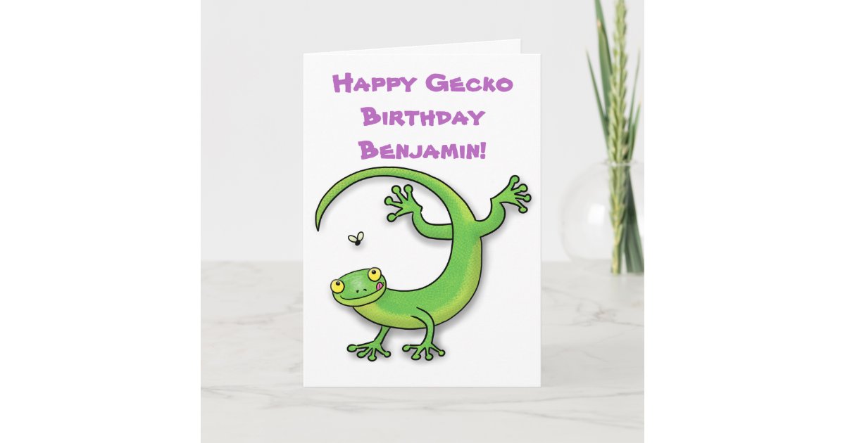 Cute happy green gecko cartoon card | Zazzle