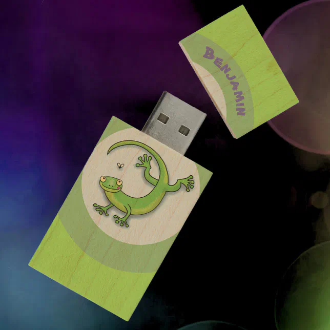 Cute happy green gecko lizard with bug cartoon wood flash drive | Zazzle