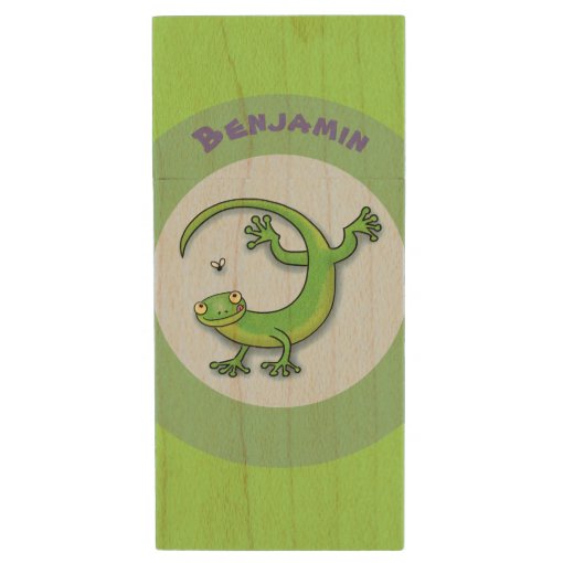 Cute happy green gecko lizard with bug cartoon wood flash drive | Zazzle