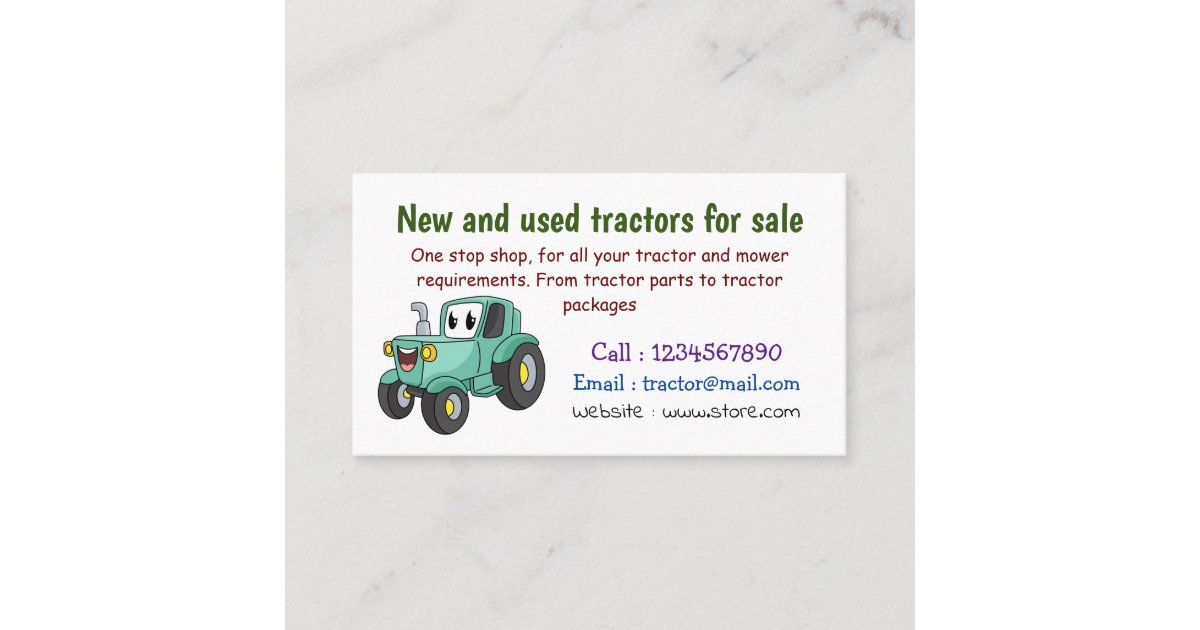 Cute happy green tractor cartoon business card | Zazzle