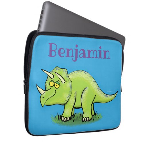 Cute happy green triceratops dinosaur cartoon laptop sleeve | Zazzle