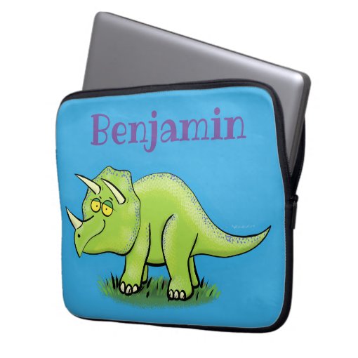 Cute happy green triceratops dinosaur cartoon laptop sleeve | Zazzle
