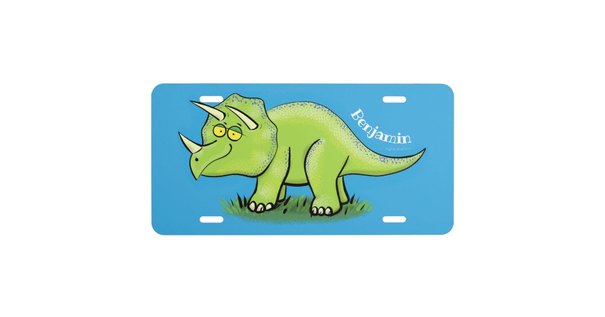 Cute happy green triceratops dinosaur cartoon license plate | Zazzle