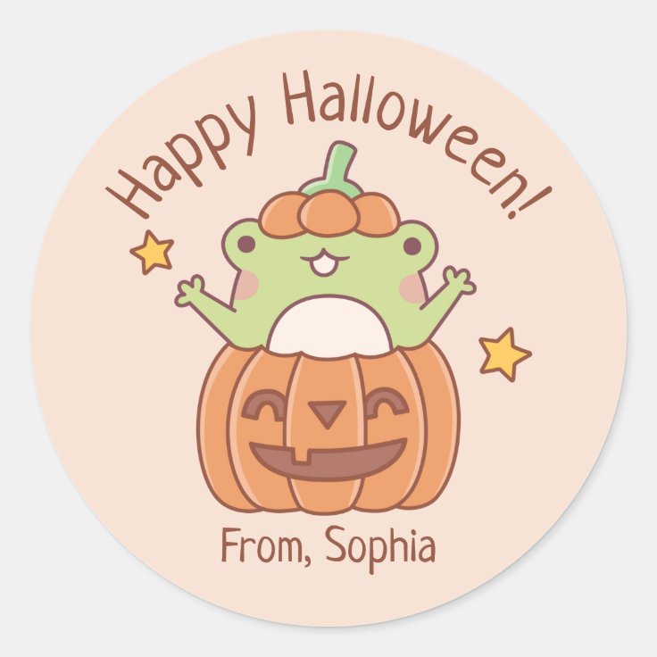 Cute Happy Halloween Frog In Carved Pumpkin Classic Round Sticker | Zazzle