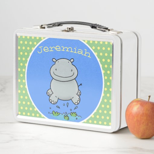 Cute happy hippo cartoon illustration metal lunch box | Zazzle