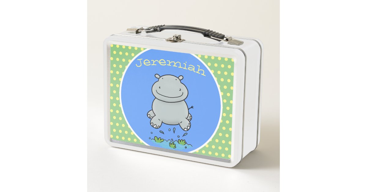 Cute happy hippo cartoon illustration metal lunch box | Zazzle