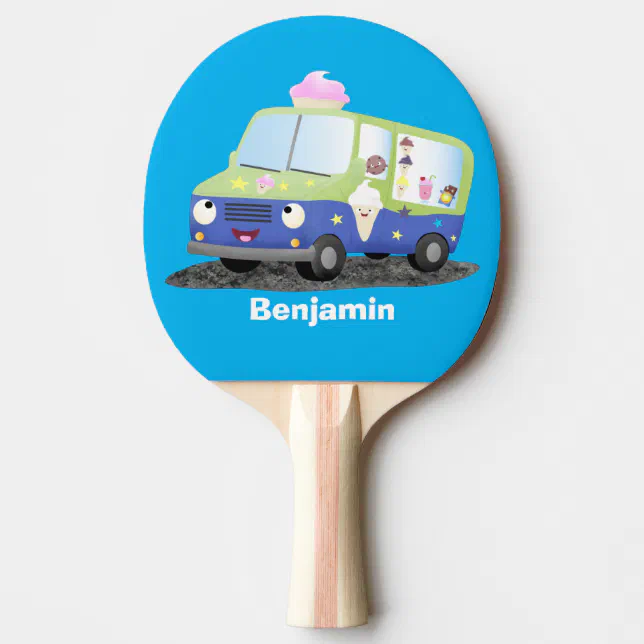 Cute happy ice cream truck cartoon ping pong paddle | Zazzle