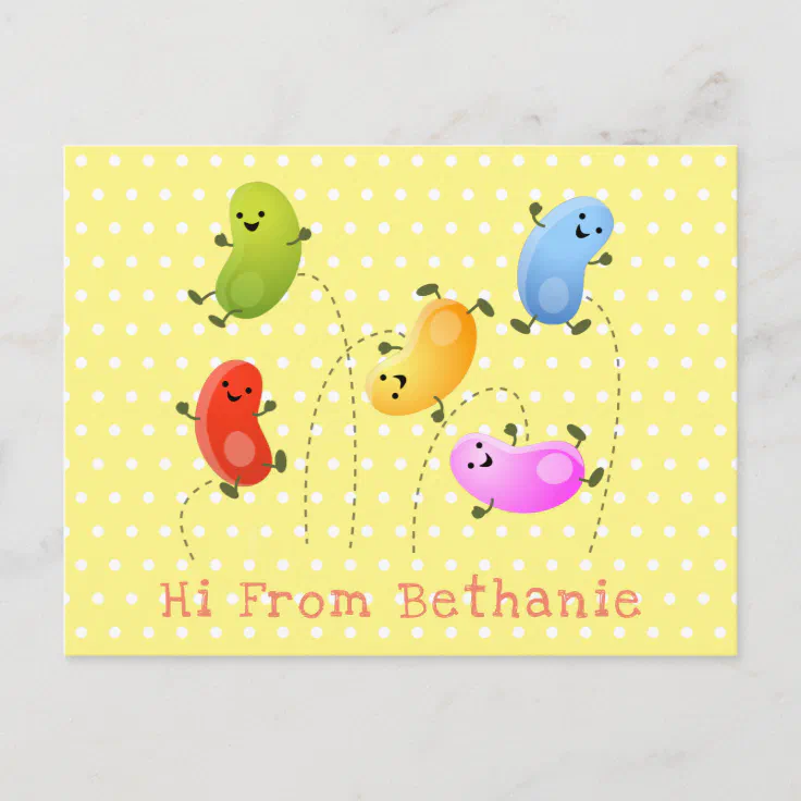 Cute happy jellybeans jumping cartoon illustration postcard | Zazzle
