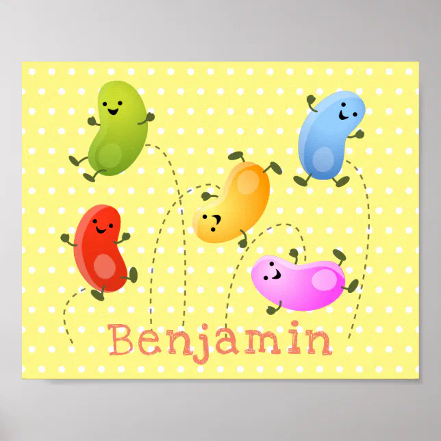 Cute happy jellybeans jumping cartoon illustration poster | Zazzle