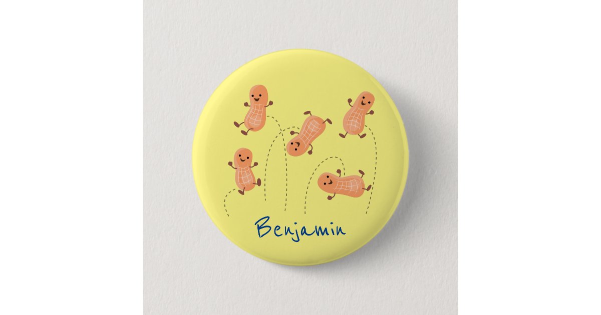 Cute happy jumping peanuts cartoon illustration button | Zazzle