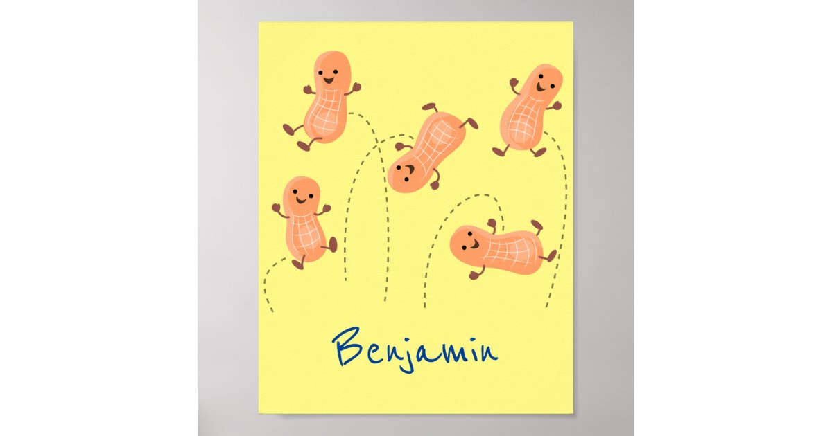 Cute happy jumping peanuts cartoon illustration poster | Zazzle