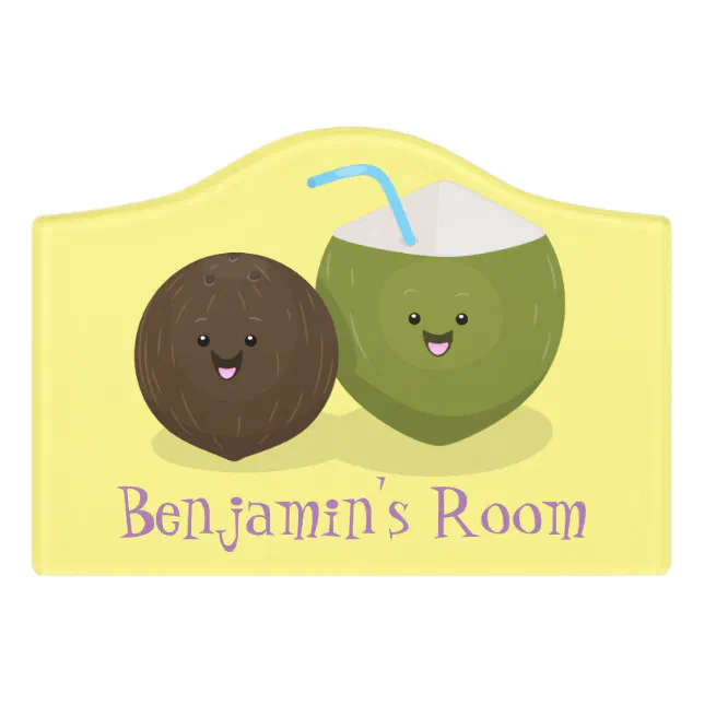 Cute happy kawaii coconuts cartoon illustration door sign | Zazzle