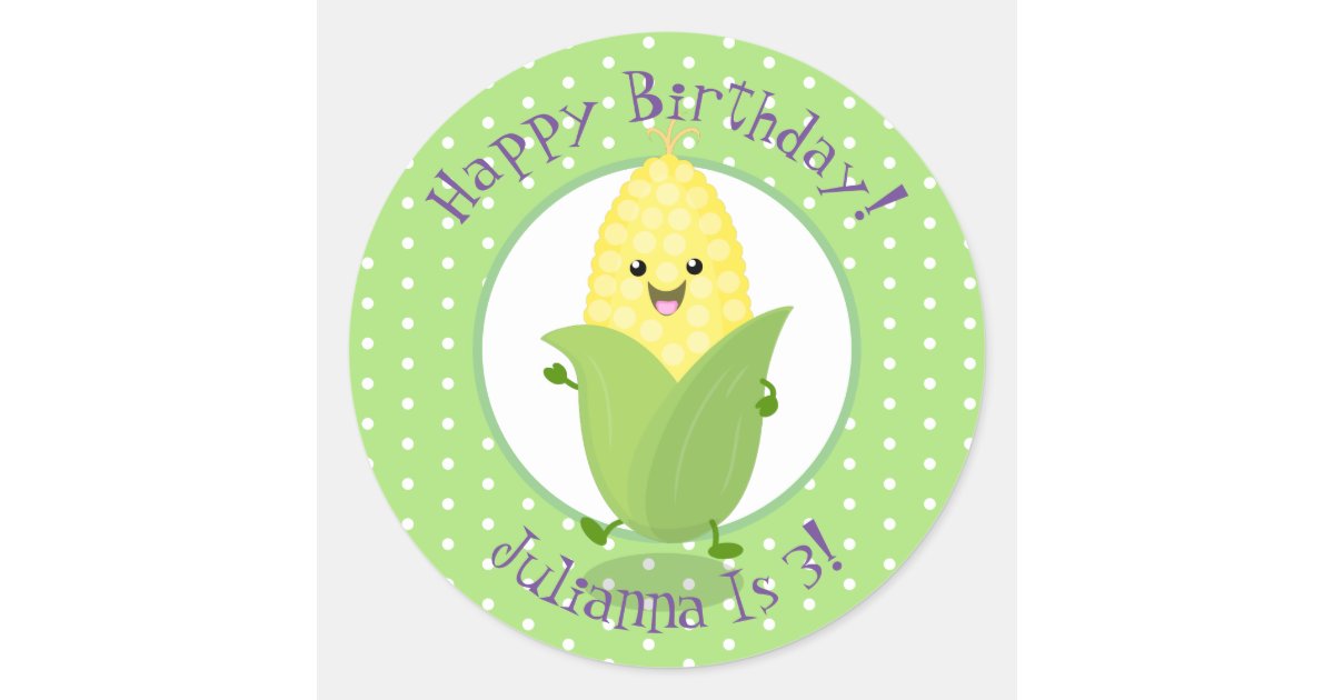 Cute happy kawaii corn cob cartoon illustration classic round sticker | Zazzle