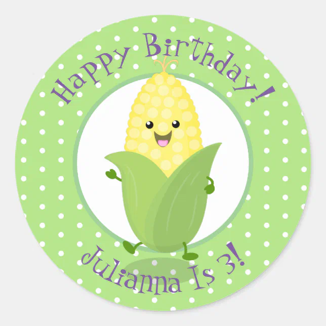 Cute happy kawaii corn cob cartoon illustration classic round sticker | Zazzle