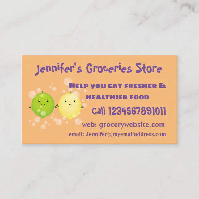 Cute happy lemon lime cartoon illustration business card | Zazzle