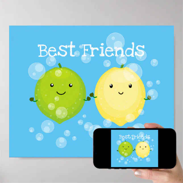 Cute happy lemon lime cartoon illustration poster | Zazzle