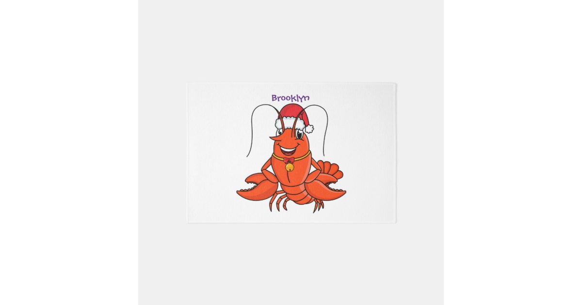Cute happy lobster wearing Christmas hat cartoon Rug | Zazzle