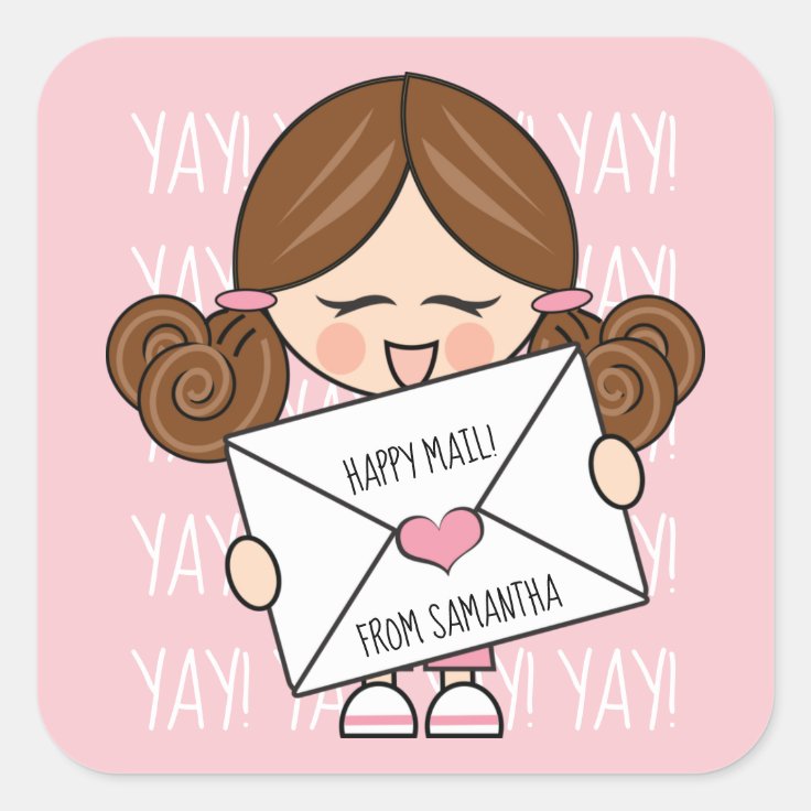 Cute Happy Mail Brown Hair Girl Pink Heart Seal | Zazzle