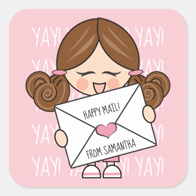 Cute Happy Mail Brown Hair Girl Pink Heart Seal | Zazzle