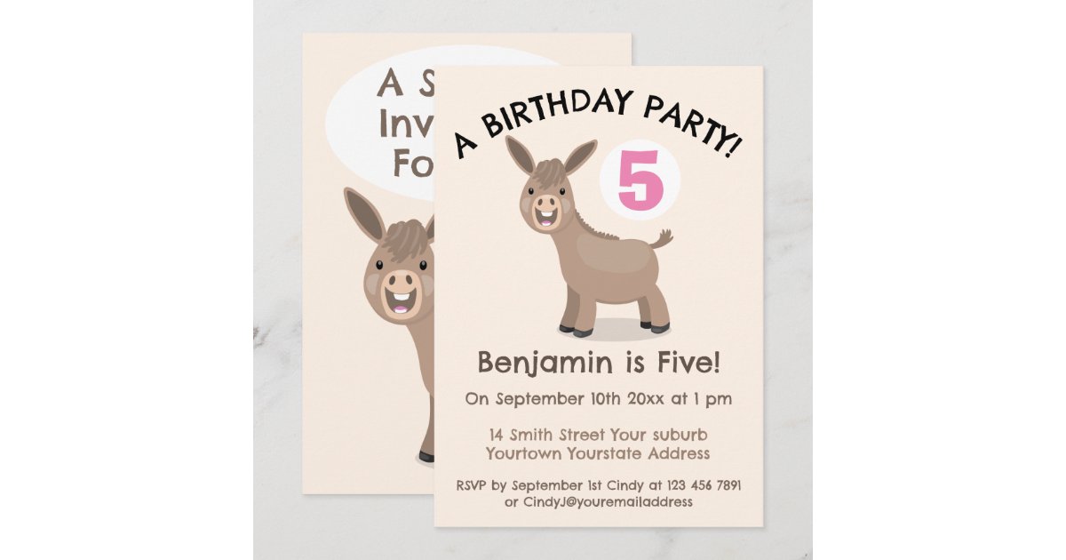 Cute happy mini donkey cartoon birthday invitation | Zazzle