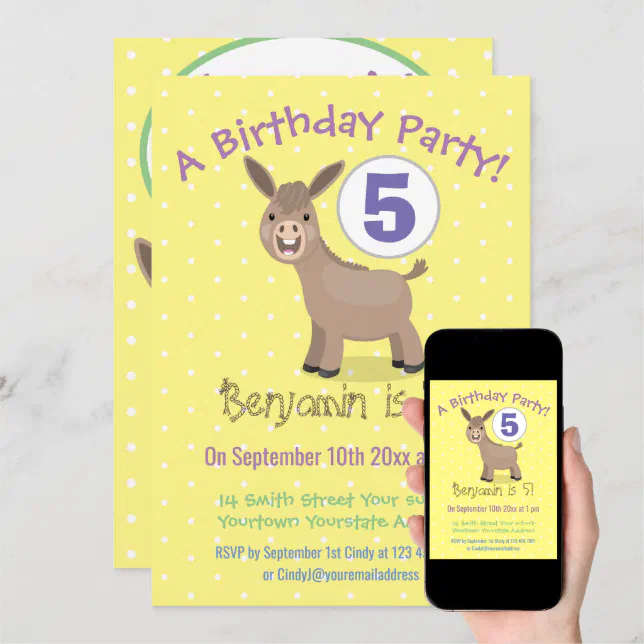 Cute happy mini donkey cartoon illustration invitation | Zazzle