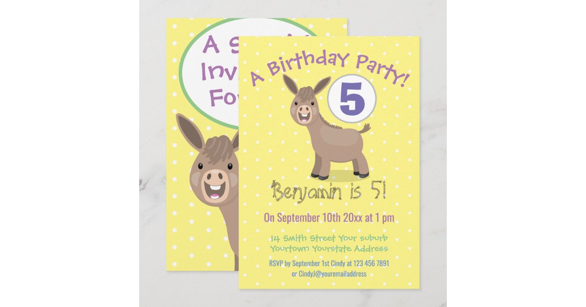 Cute happy mini donkey cartoon illustration invitation | Zazzle