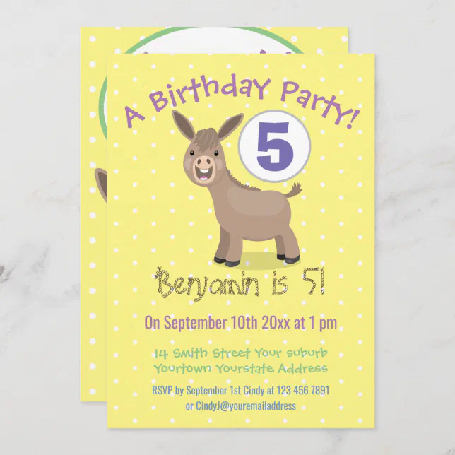 Cute happy mini donkey cartoon illustration invitation | Zazzle
