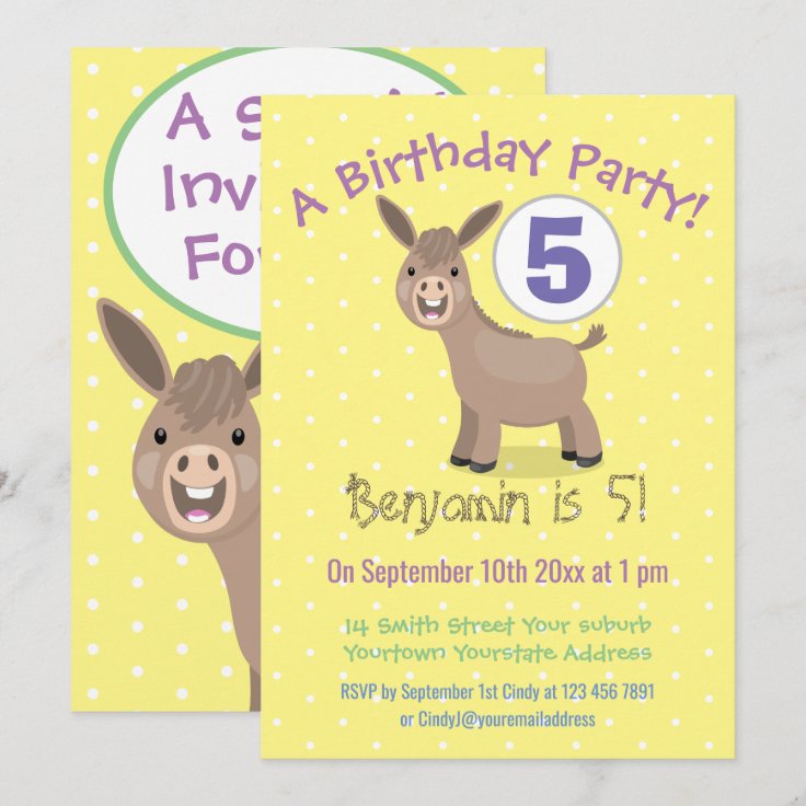 Cute happy mini donkey cartoon illustration invitation | Zazzle