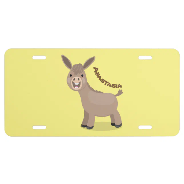 Cute happy miniature donkey cartoon illustration license plate | Zazzle