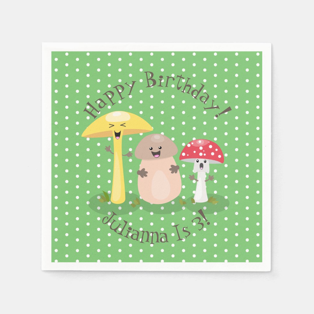 Cute happy mushroom fungi cartoon illustration napkins | Zazzle