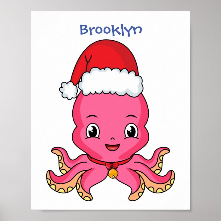 Cute happy octopus wearing Christmas hat cartoon Poster | Zazzle