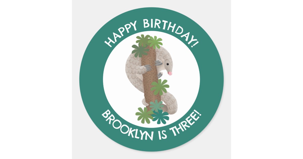 Cute happy pangolin anteater personalized birthday classic round ...