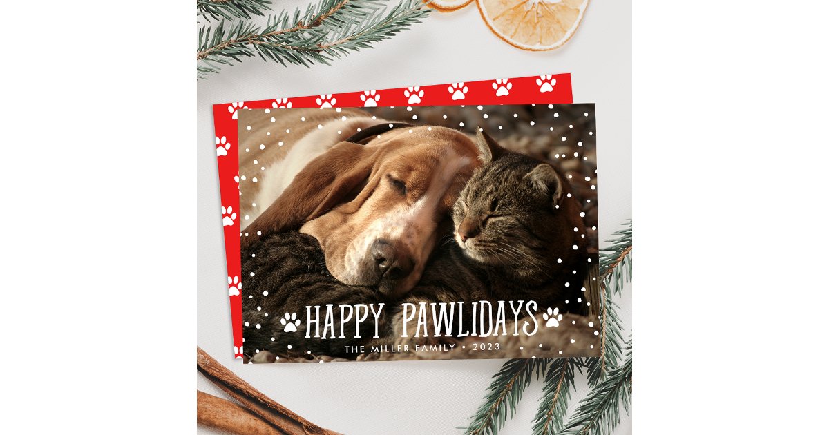 Cute Happy Pawlidays Red Pet Photo Holiday Card | Zazzle