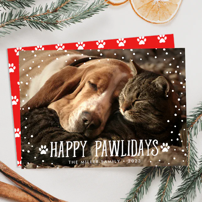 Cute Happy Pawlidays Red Pet Photo Holiday Card | Zazzle