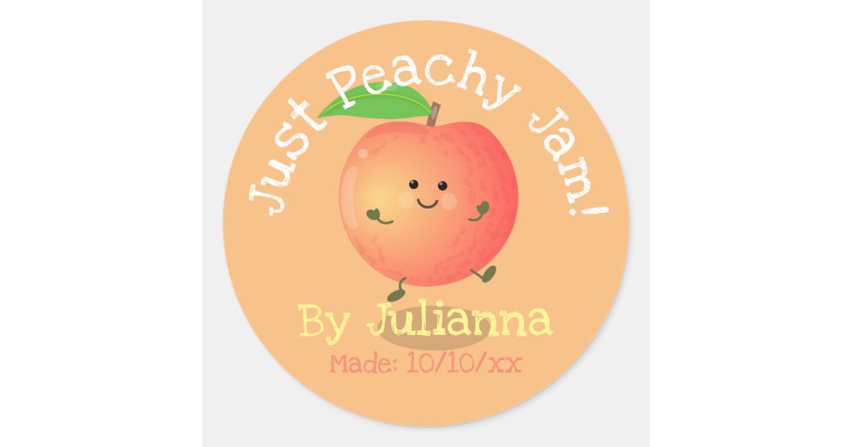 Cute happy peach jam cartoon illustration label | Zazzle